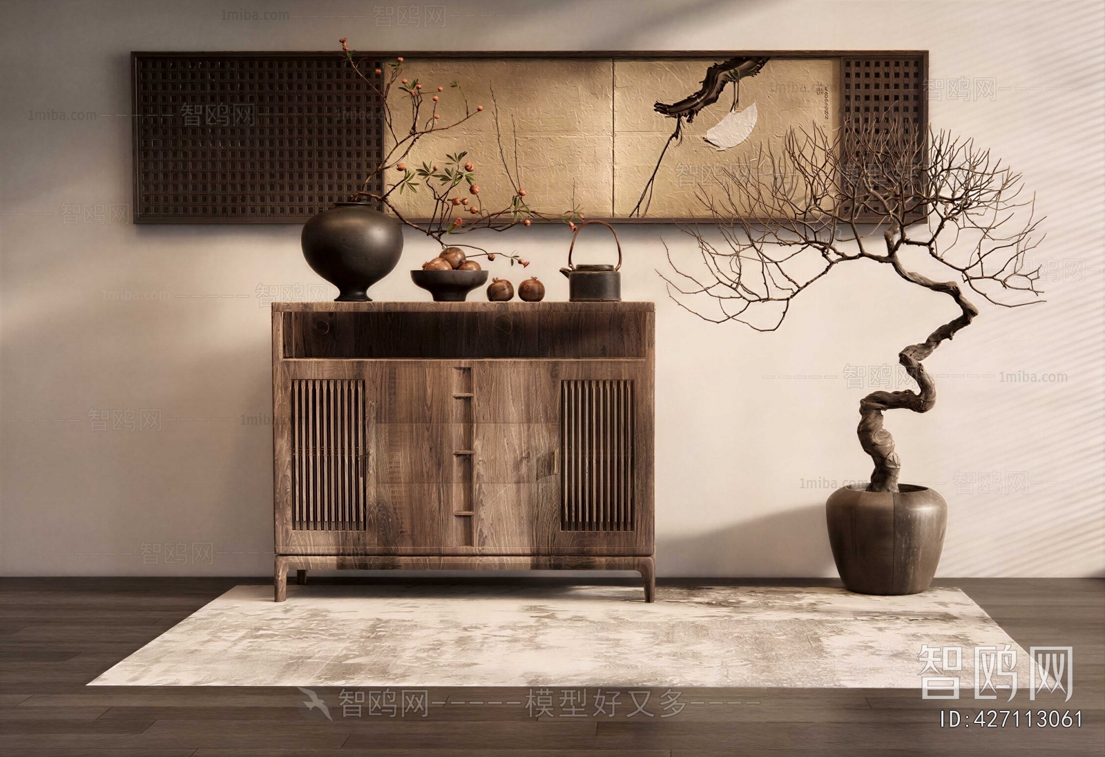 New Chinese Style Entrance Cabinet 3D Model Download - Model ID ...